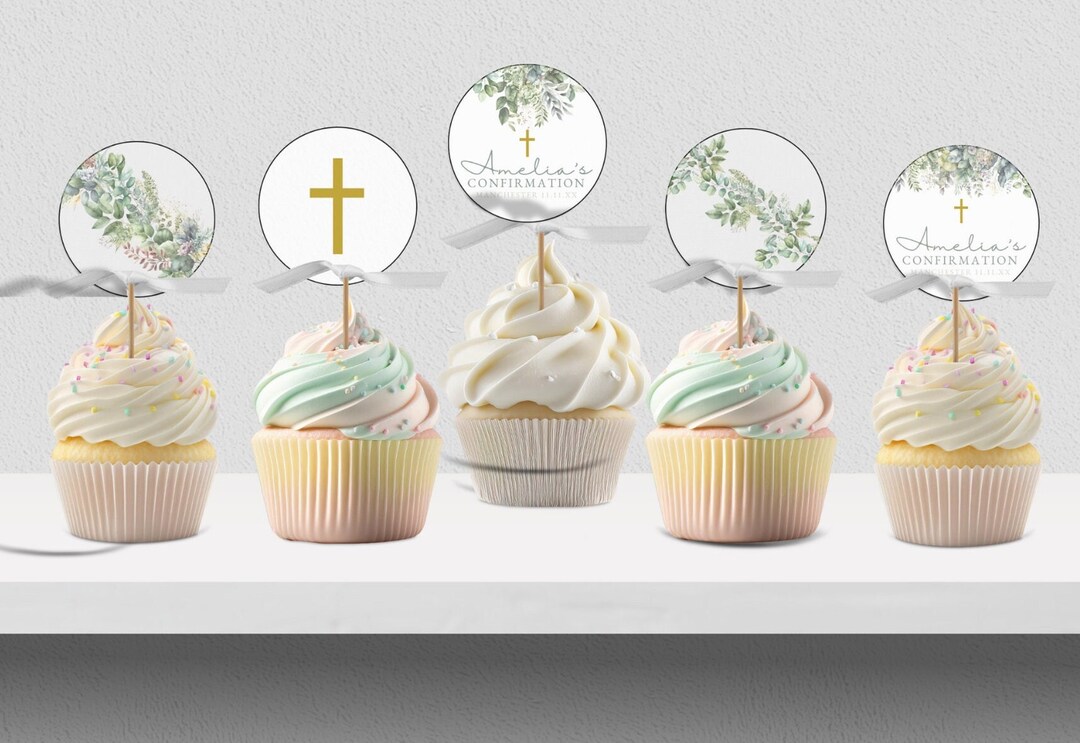 Confirmation Cupcake Toppers, Greenery Cake Toppers, Printable Green ...