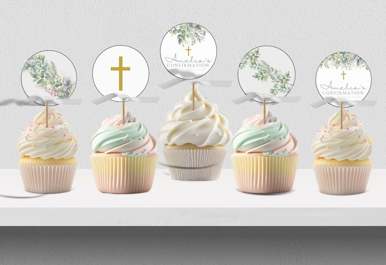 Confirmation Cupcake Toppers, Greenery Cake Toppers, Printable Green ...