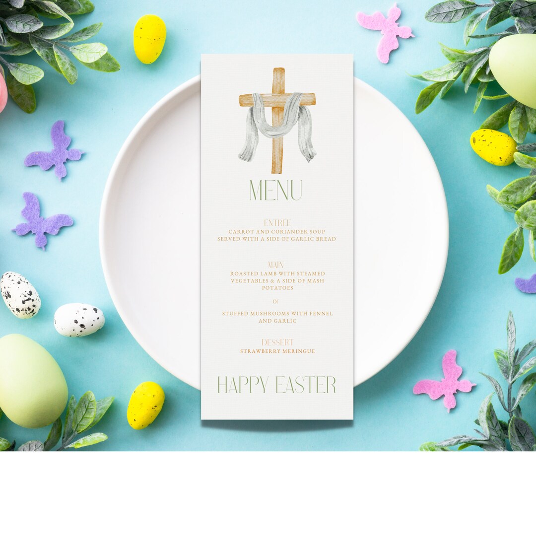 Easter Menu Canva, Easter Menu Watercolor Cross Dinner Lunch Menu Card ...
