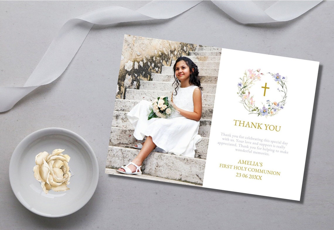 First Communion Thank You Card, Floral 1st Communion Thank You Note ...