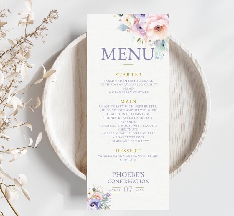 Custom Baptism Confirmation Menu Template Floral Canva Menu Christening ...