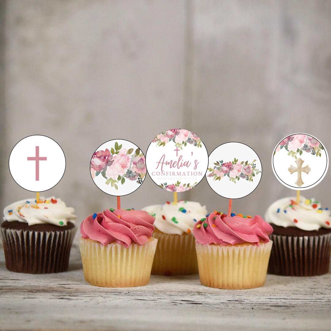 Boho Blush Pink Floral Printable Confirmation Cupcake Toppers 2"x2 ...