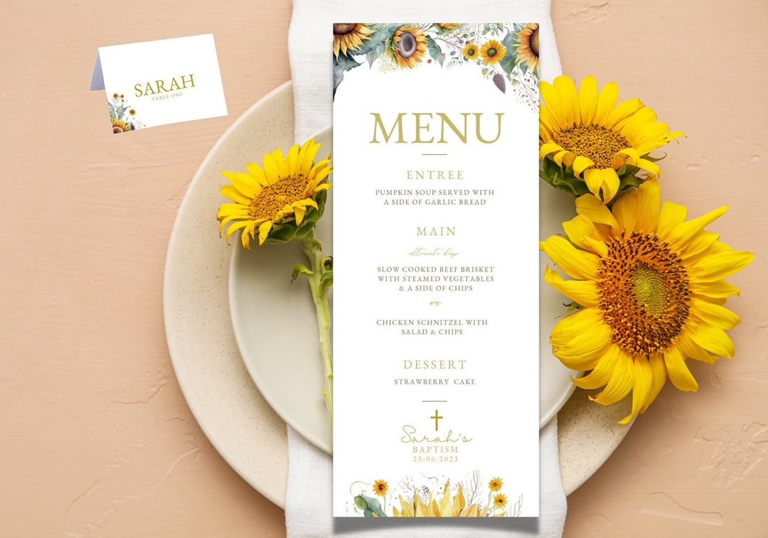 Sunflower Menu and Place Card, Rustic Sunflower Table Place Cards and ...