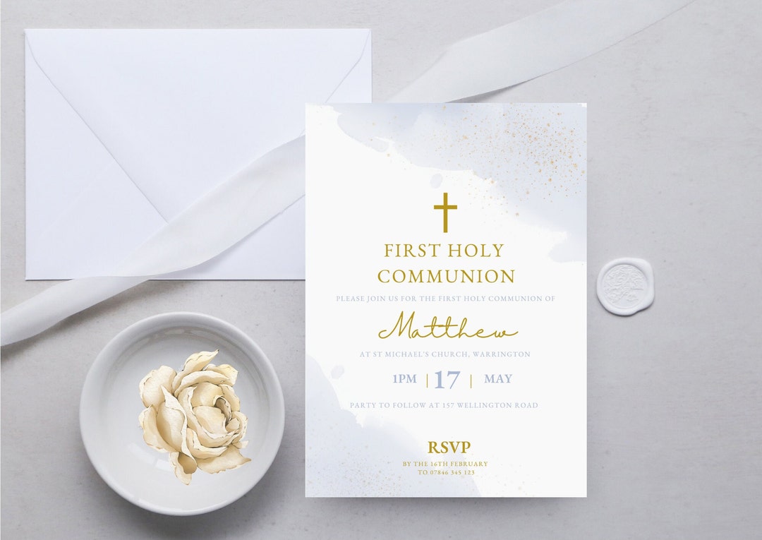 First Holy Communion 100% Editable Pale Blue 1st Communion Invitation ...