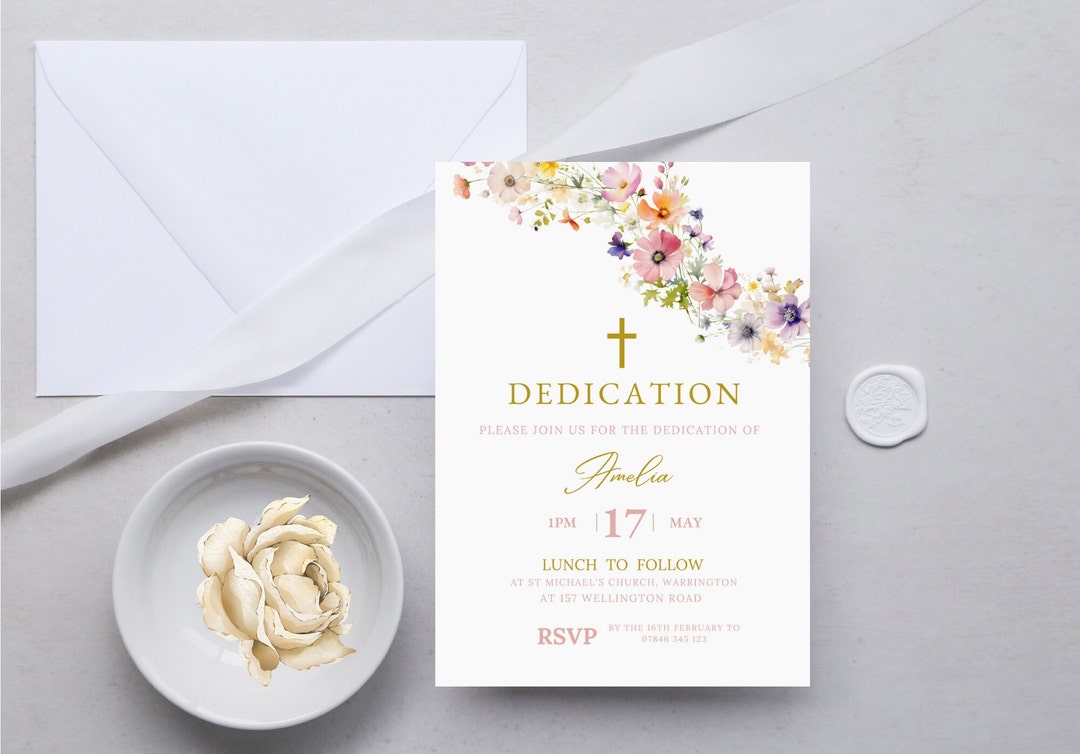 Pink Girls Dedication Invitation, Wildflower Dedication Invitation ...