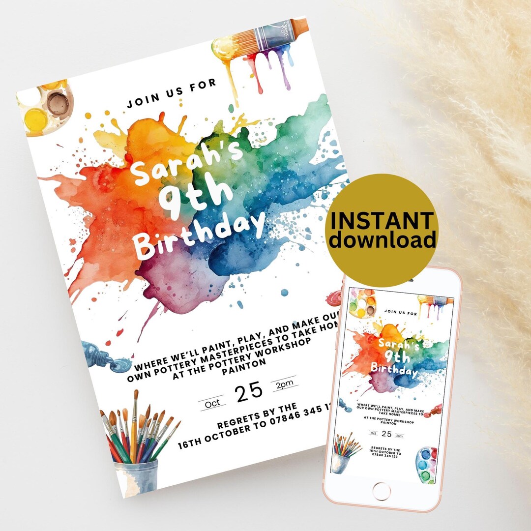 Digital Pottery Painting Party Invitation Editable Art Birthday Invite ...