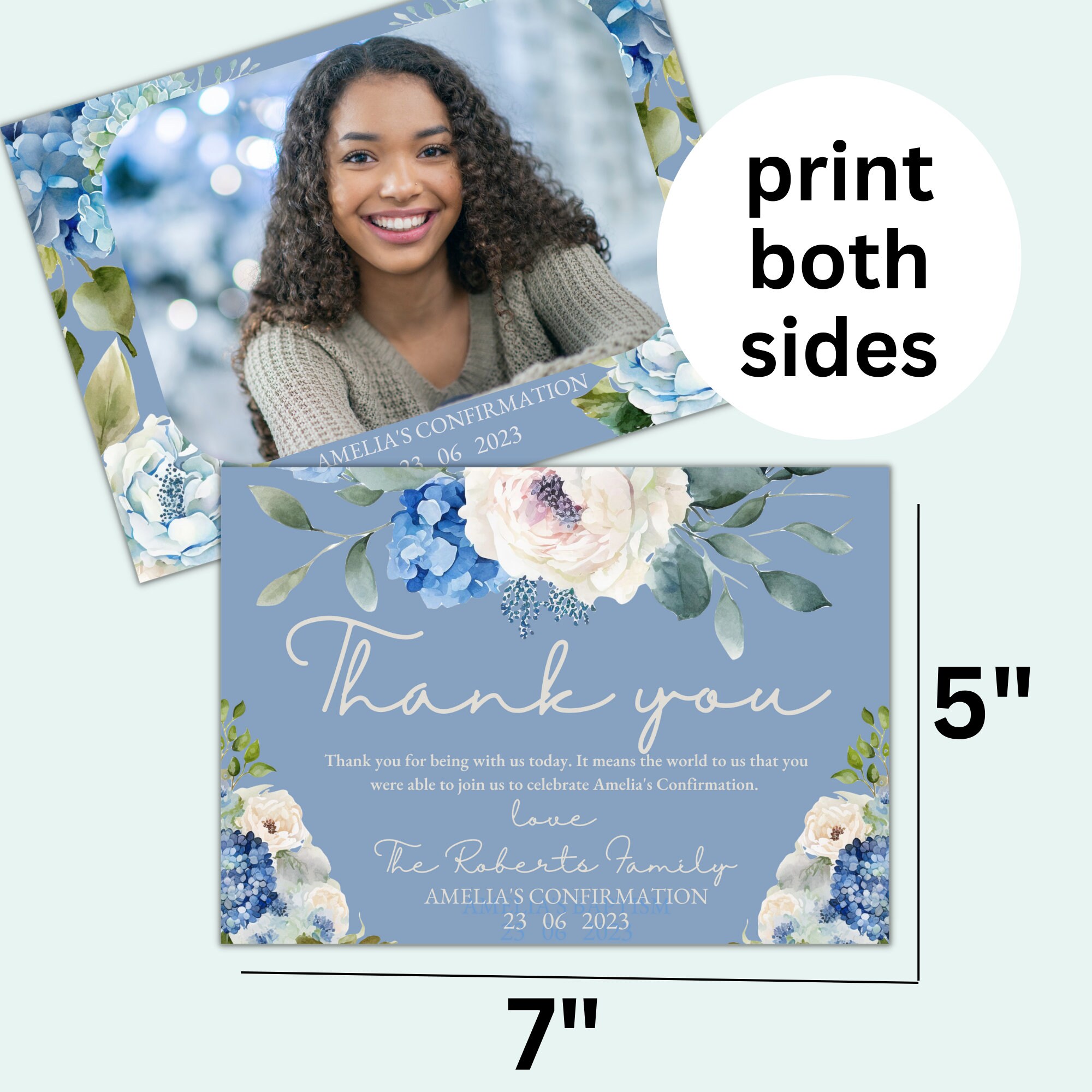 Girls Confirmation Thank You Note, Printable Thank You Card, Blue ...