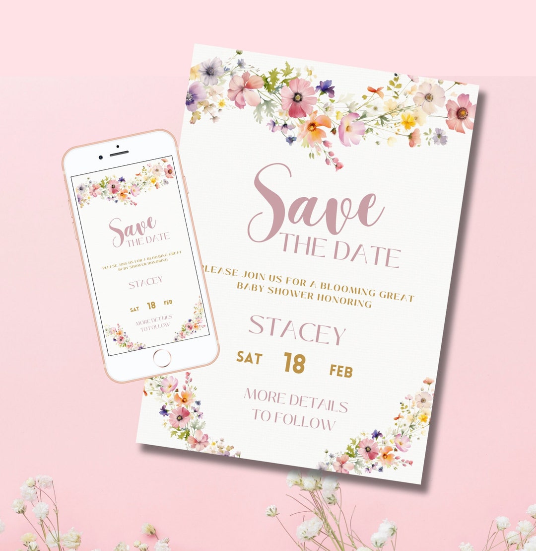 Wild Flower Save the Date EDITABLE Pink Save the Date Boho Floral Baby ...
