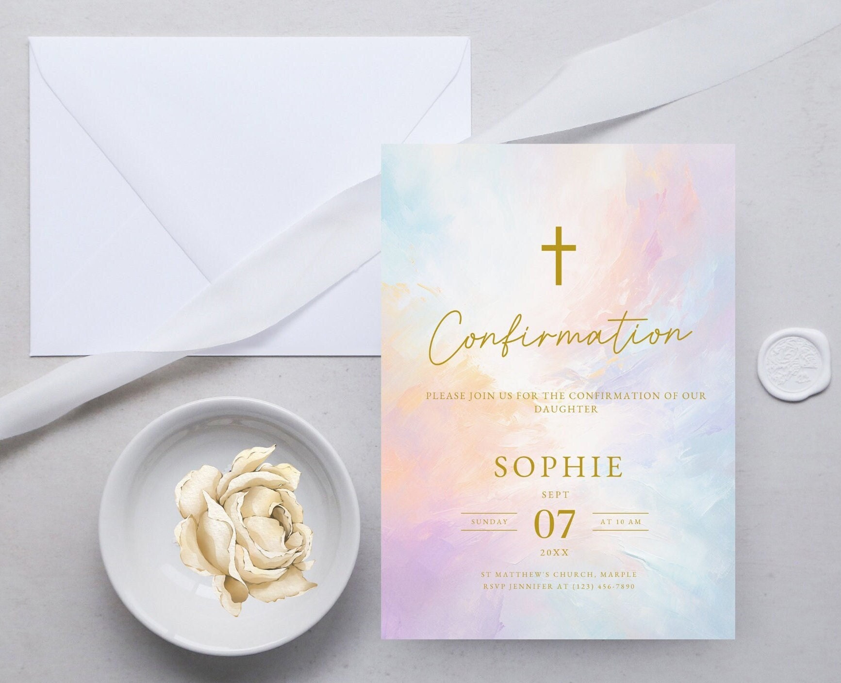 Girl's Confirmation Invitation Printable Pastel Rainbow Ombre Sky Decor ...