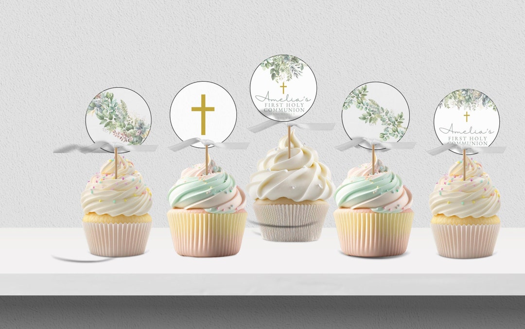 First Holy Communion Party Decor Cupcake Toppers, Greenery 1st ...