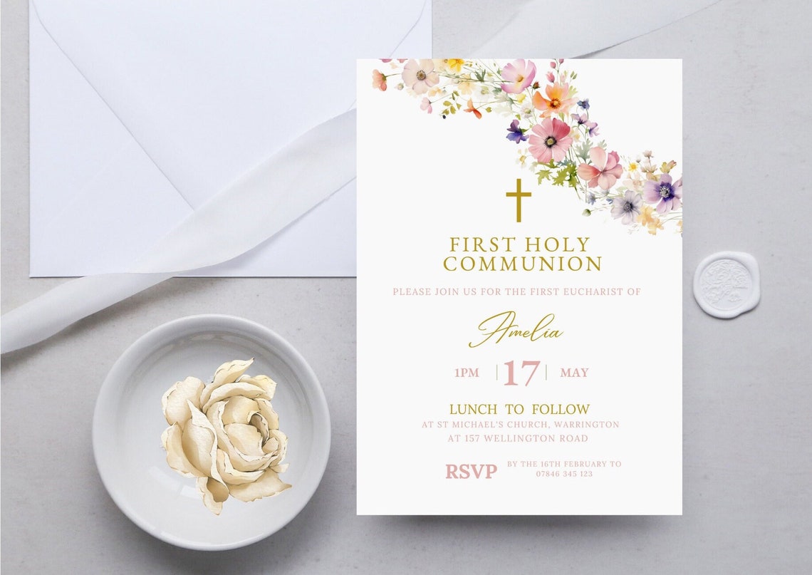 Pink First Holy Communion Invitation, Floral Watercolor Communion ...