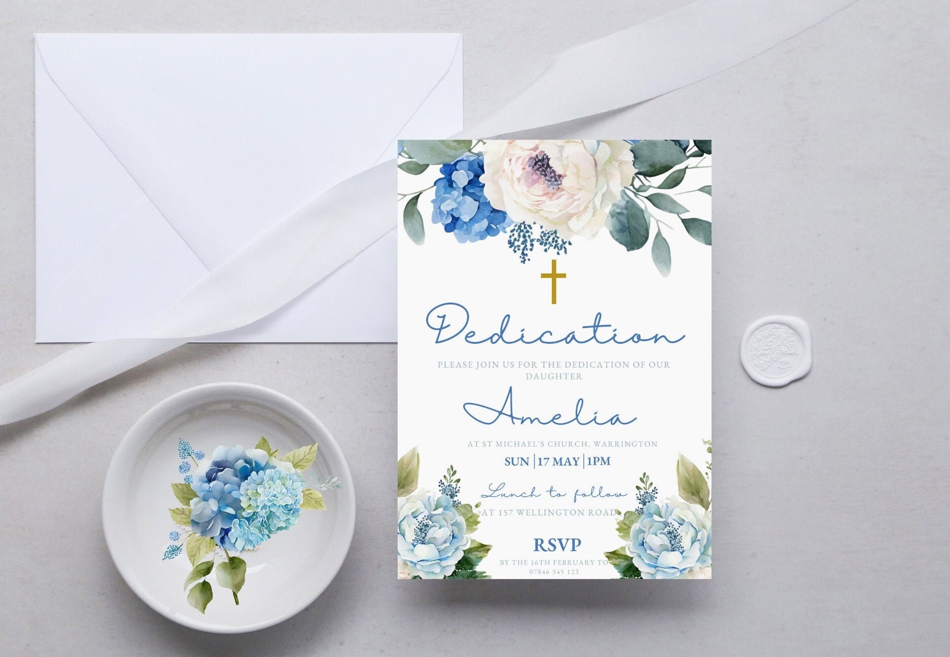 Dedication Cupcake Toppers, Blue and Gold Floral Printable & Editable ...