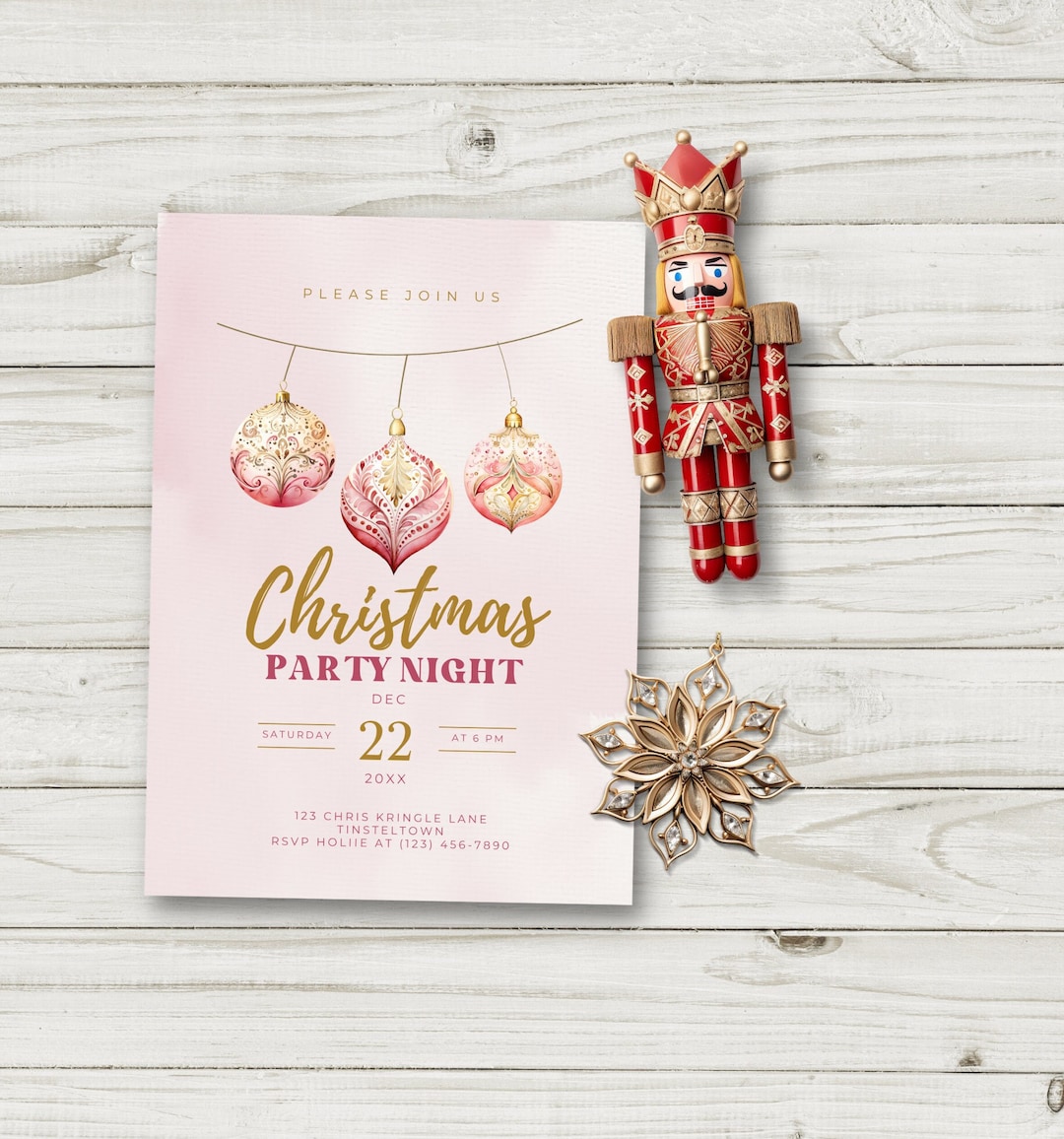 Editable Christmas Party Invitation, Pink Christmas Invitation, Blush ...