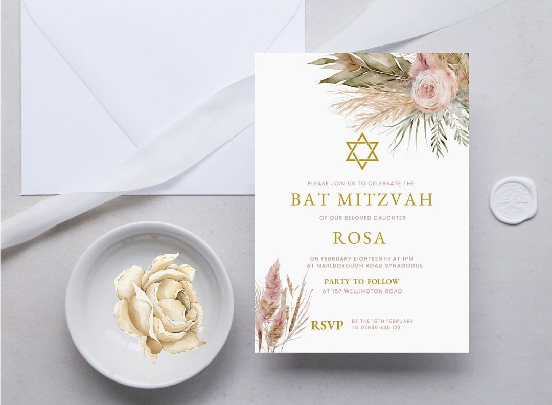 Bat Mitzvah Invitation, Simple Bat Mitzvah Invitation, Pampas Grass Bat ...