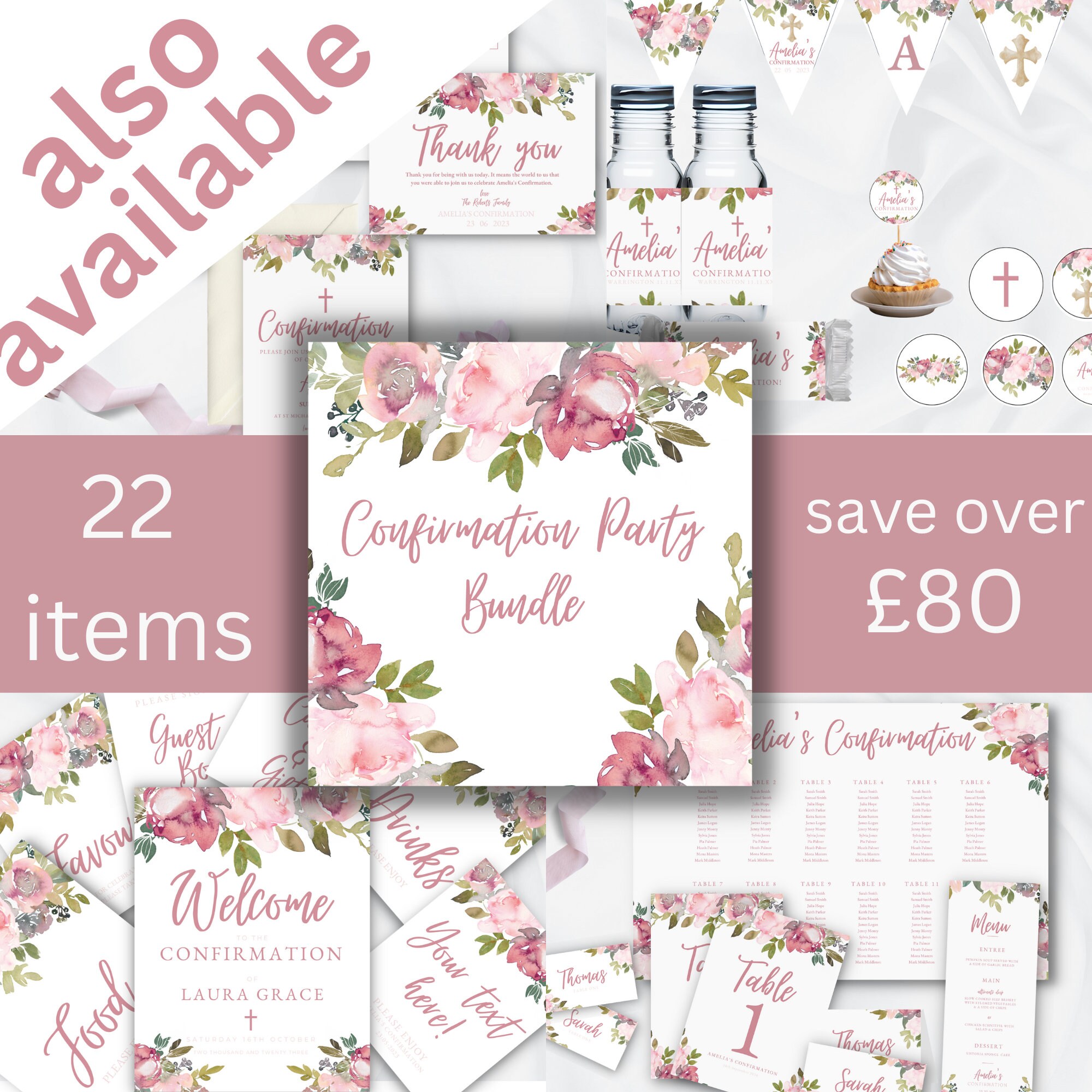 Confirmation Blush Pink Floral Printable Favour Bookmark 2.1x 8.6 in 2 ...