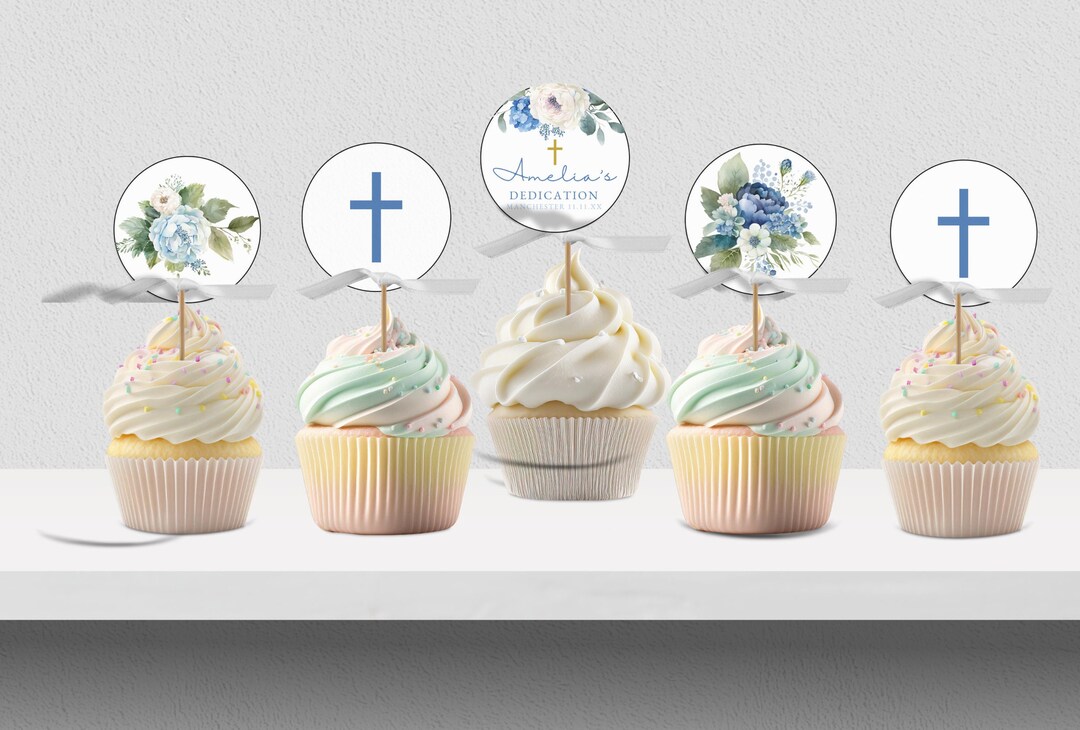 Dedication Cupcake Toppers, Blue and Gold Floral Printable & Editable ...