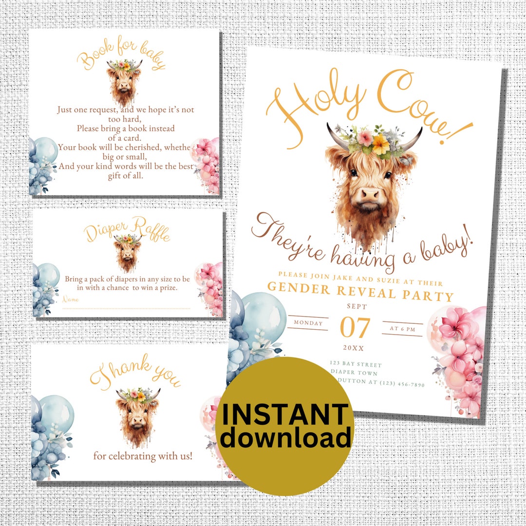 Highland Cow Gender Reveal Invitation Pack Holy Cow Invite Bohemian ...