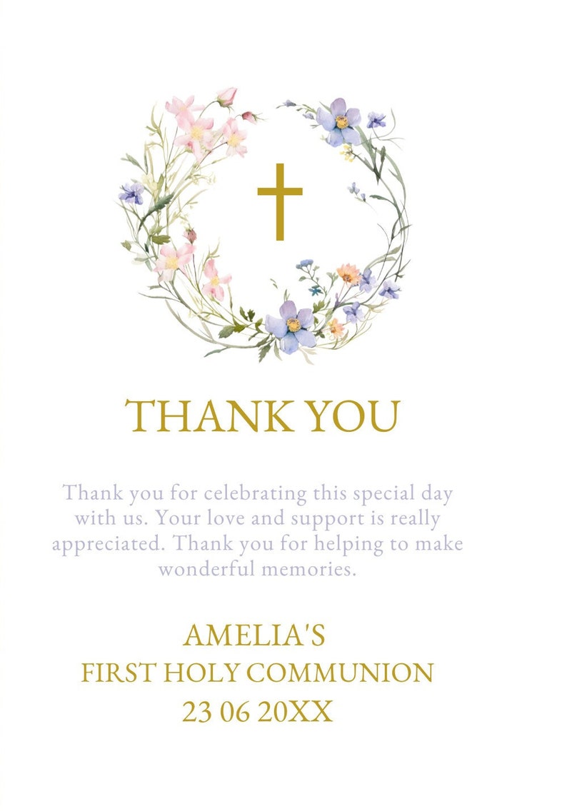 First Communion Thank You Card, Floral 1st Communion Thank You Note ...