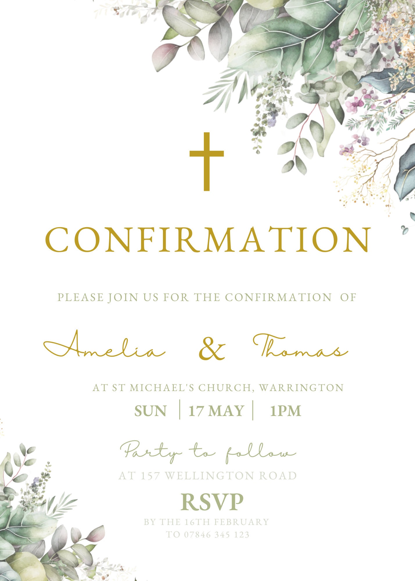 Greenery Confirmation Invitation for Twins, Joint Sibling Confirmation ...