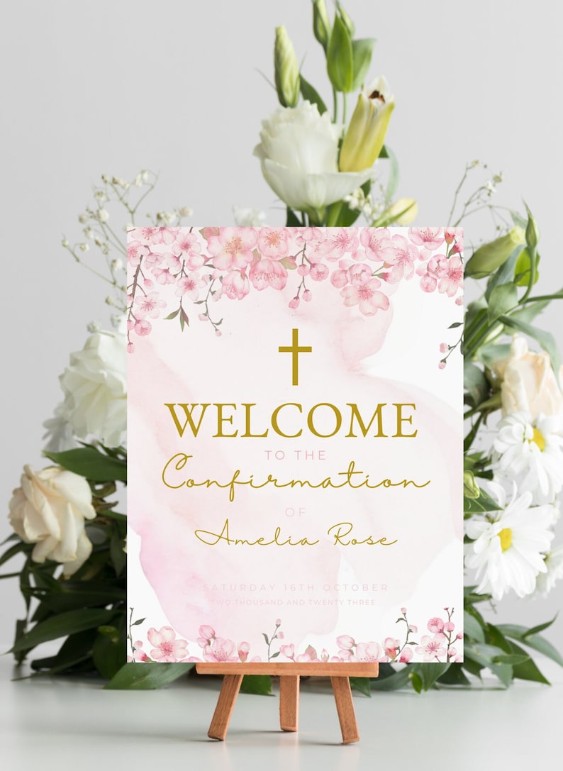 Girls Confirmation Party Welcome Sign, Cherry Blossom Confirmation Sign ...