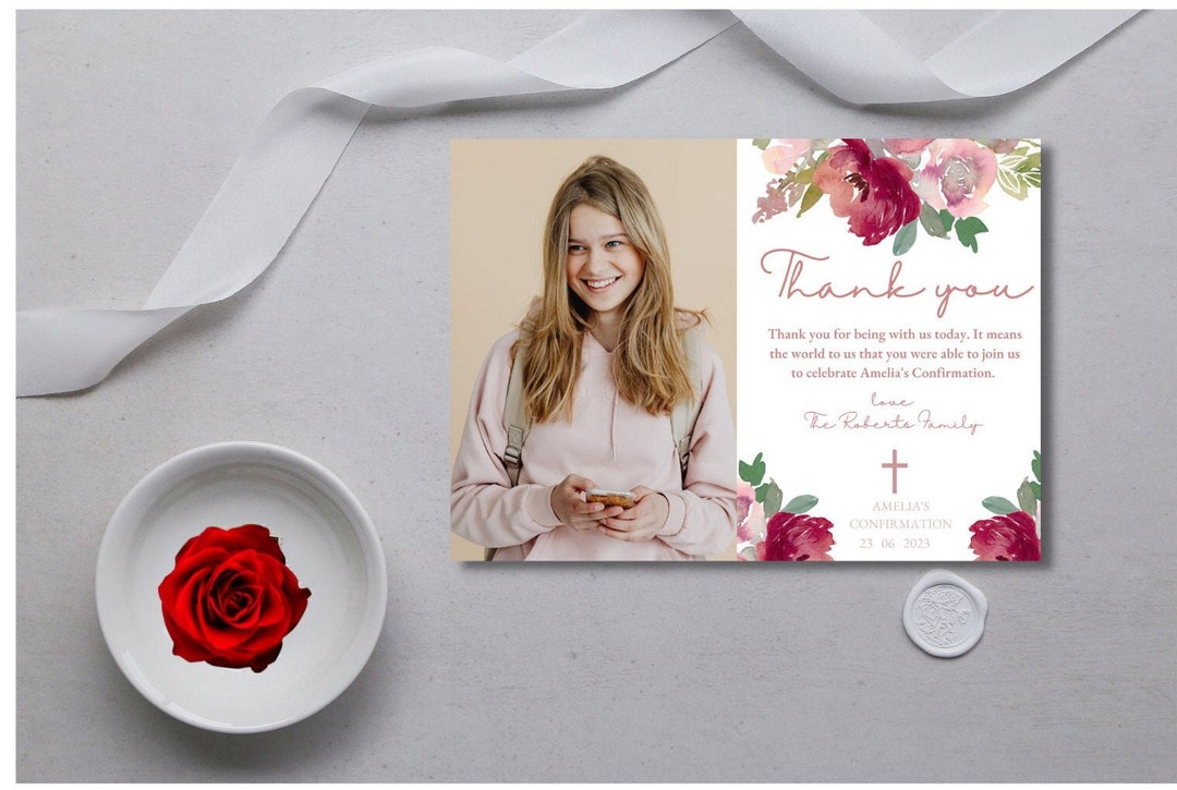 Blush and Red Floral Confirmation Photo Thank You Canva Template ...