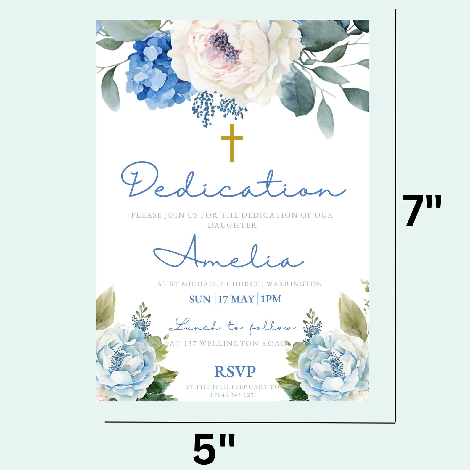 Printable Dedication Invitation, Girl Dedication, Blue Floral ...