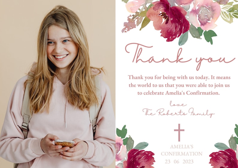 Blush and Red Floral Confirmation Photo Thank You Canva Template ...