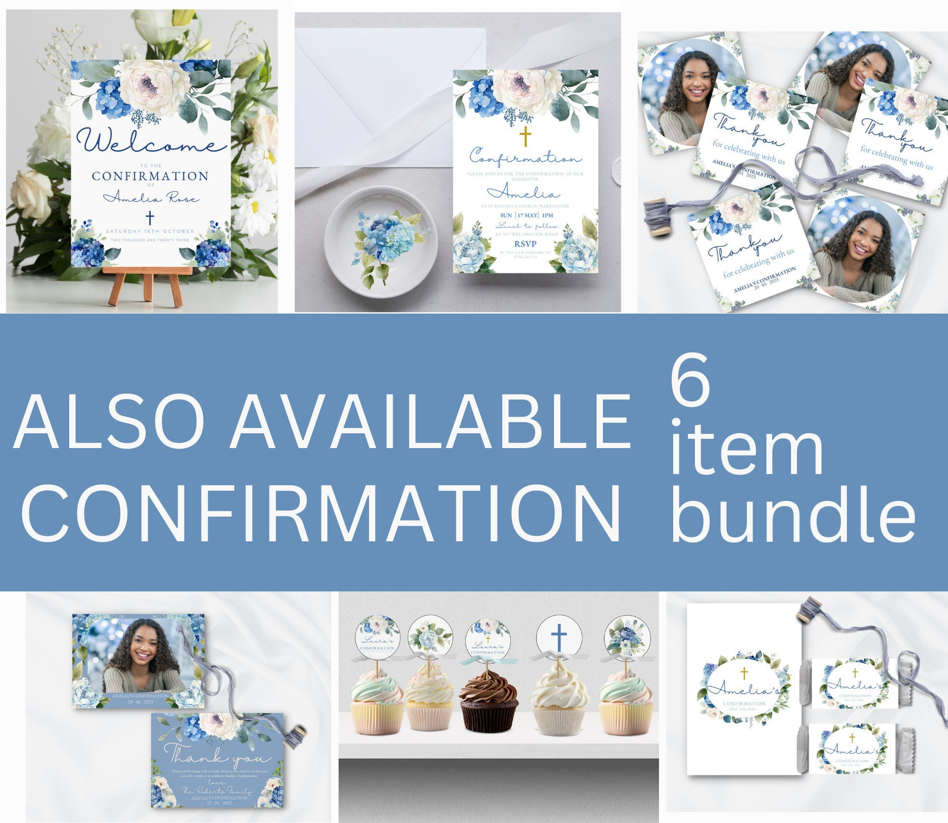 Girls Confirmation Invitation, Printable Confirmation Party Template, Blue Floral Confirmation ...