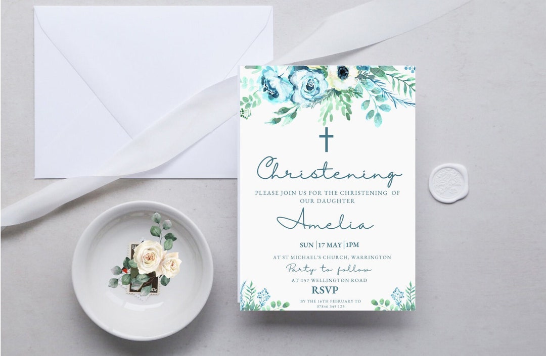 Printable Christening Invitation Template in Greens and Creams ...
