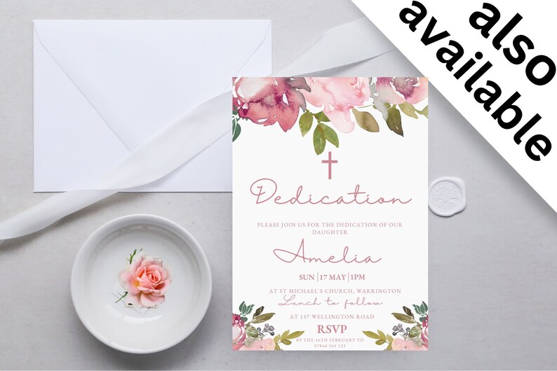 Printable Dedication Invitation, Girl Dedication, Blue Floral ...