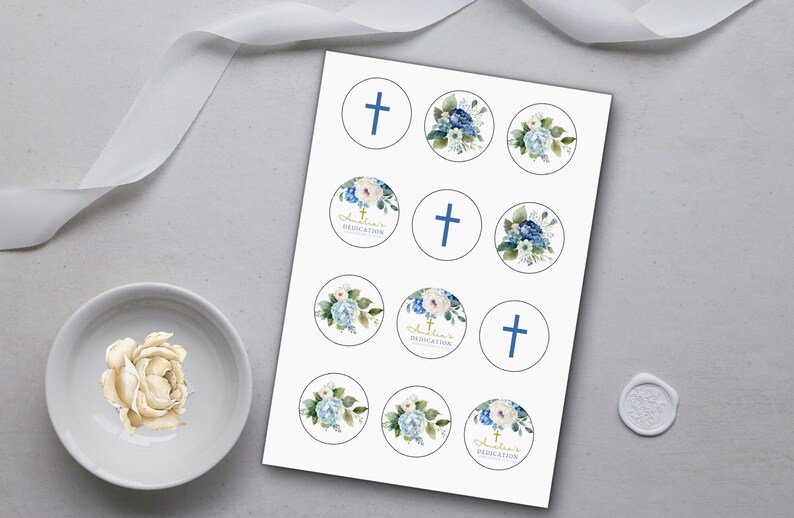 Dedication Cupcake Toppers, Blue and Gold Floral Printable & Editable ...