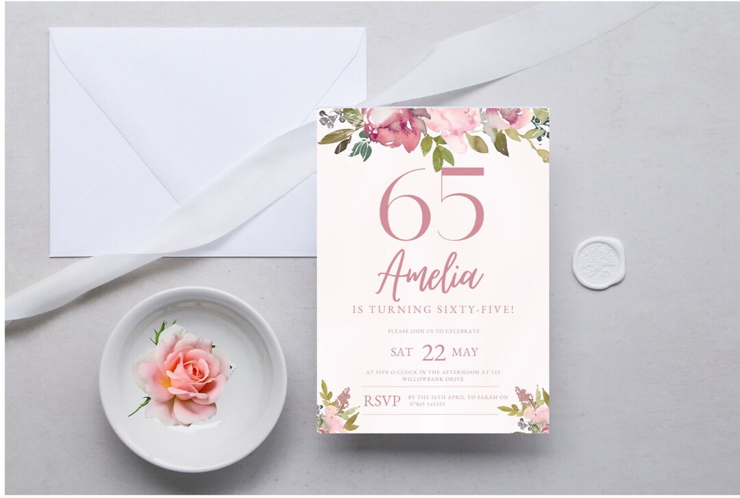 65th Blush Pink Floral Birthday Invitation Template, 65 Editable ...