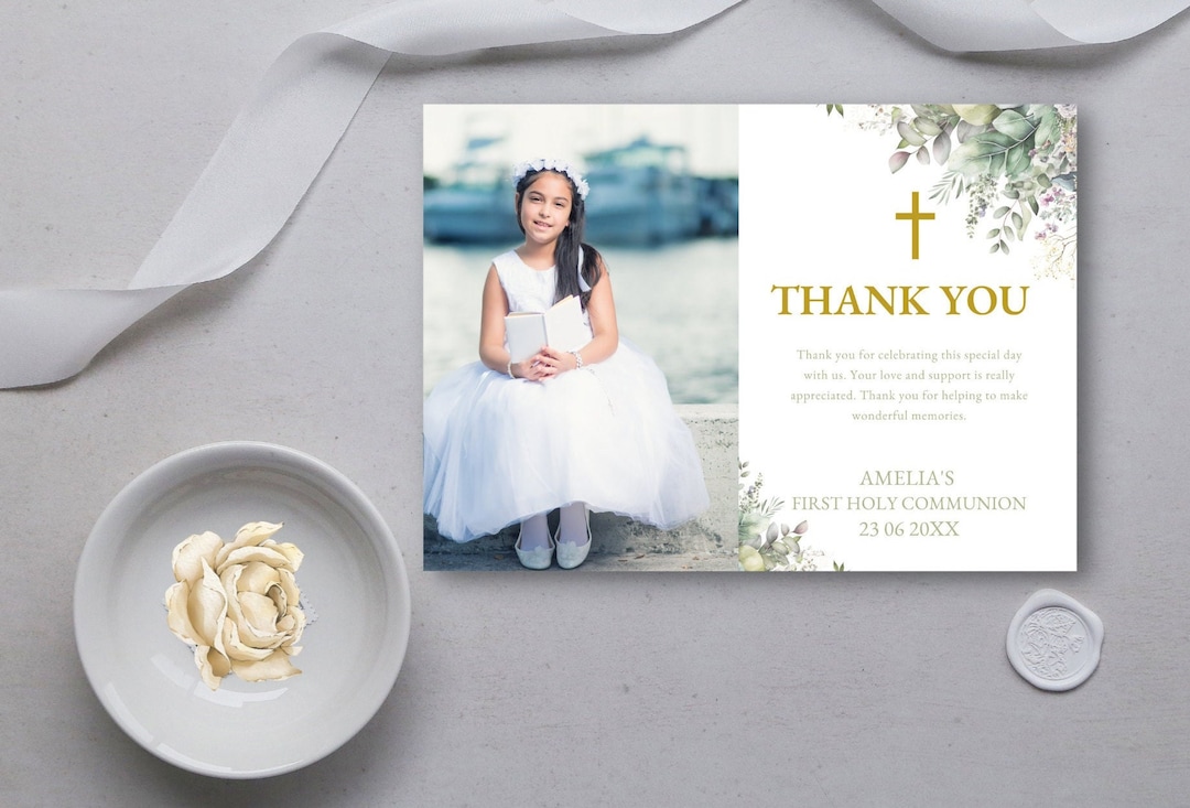 First Holy Communion Thank You Postcard, Photo Thank You Note, Greenery ...