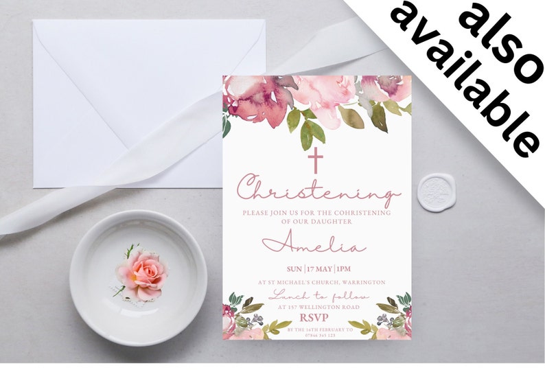 Girls Christening Printable Party Invitation 5"x7", Boho Christening ...