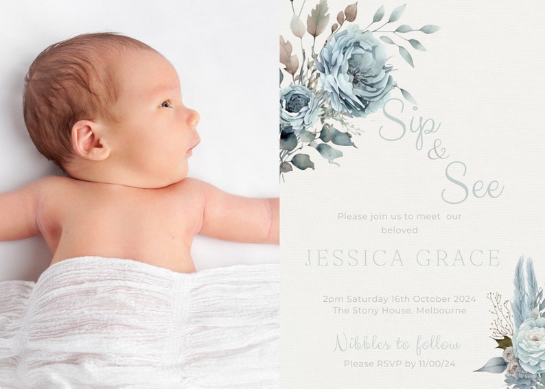 Custom Photo Birth Card, Dusky Blue Floral Sip and See, Meet & Greet ...