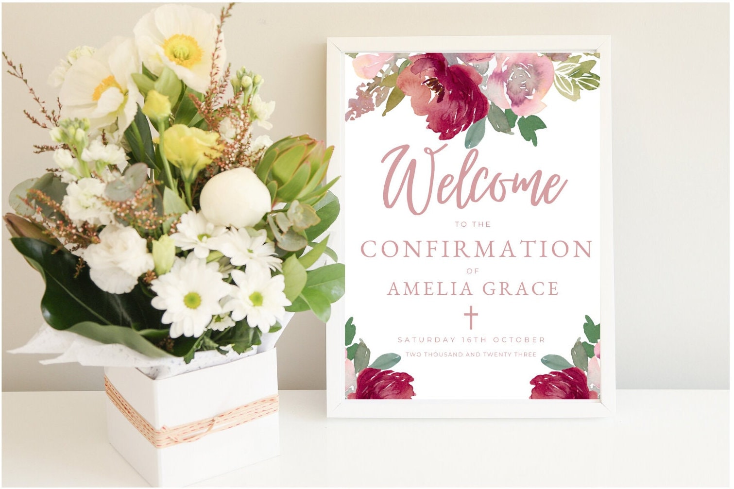 Printable Welcome Confirmation Sign, Editable Red and Blush Pink Floral ...