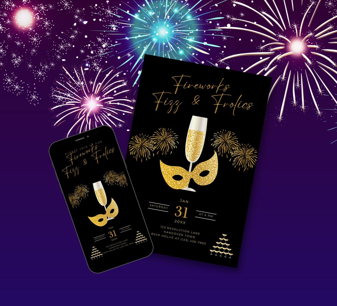 Nye Party Invite, New Year's Eve Party Invitation, Fireworks and Fizz ...