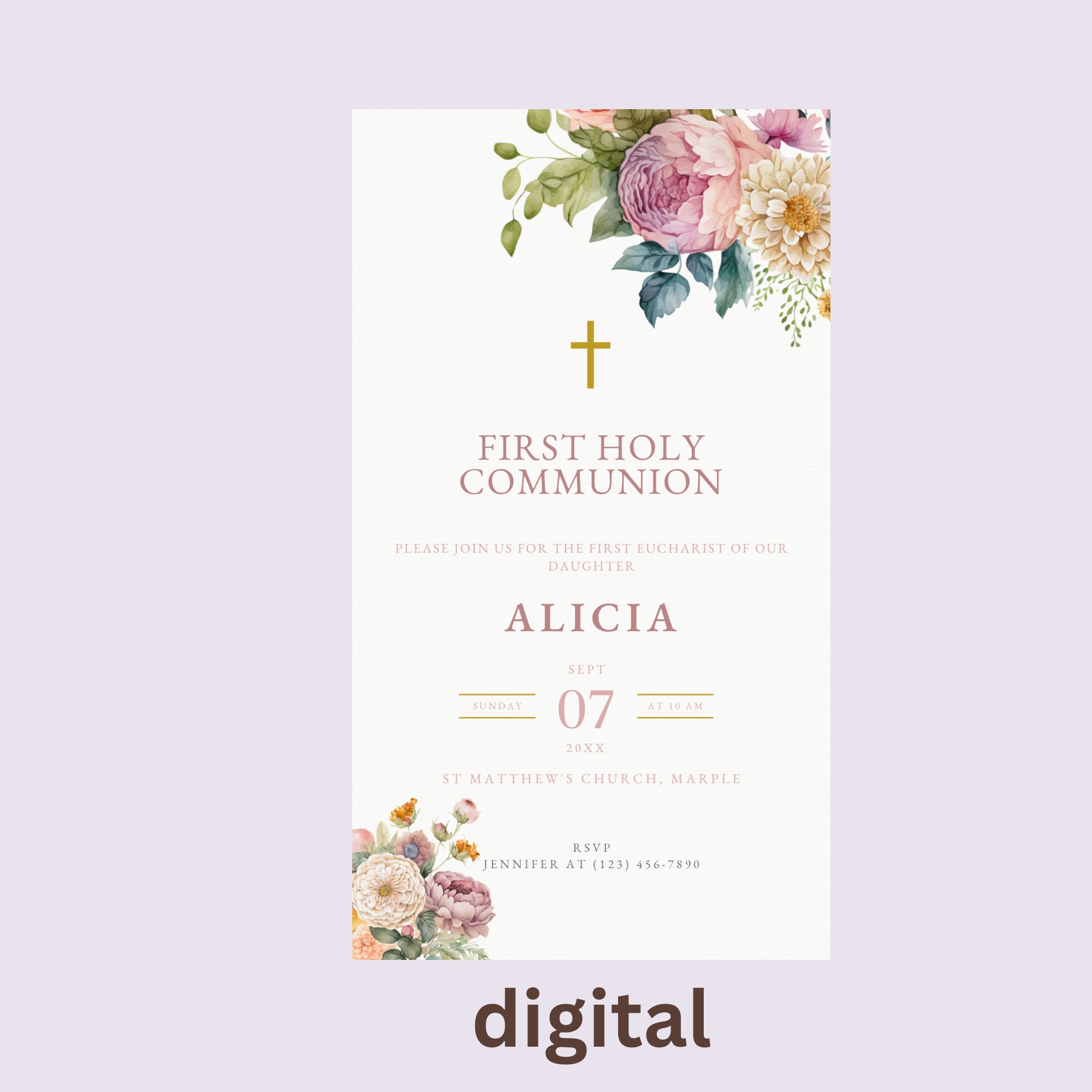 Pink First Holy Communion Invitation Template Pink Watercolor Communion ...