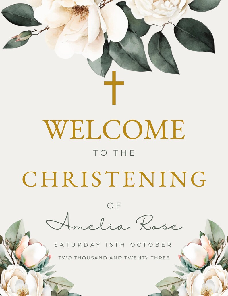 Christening Welcome Sign, Canva Instant Download, Editable Boho Card ...