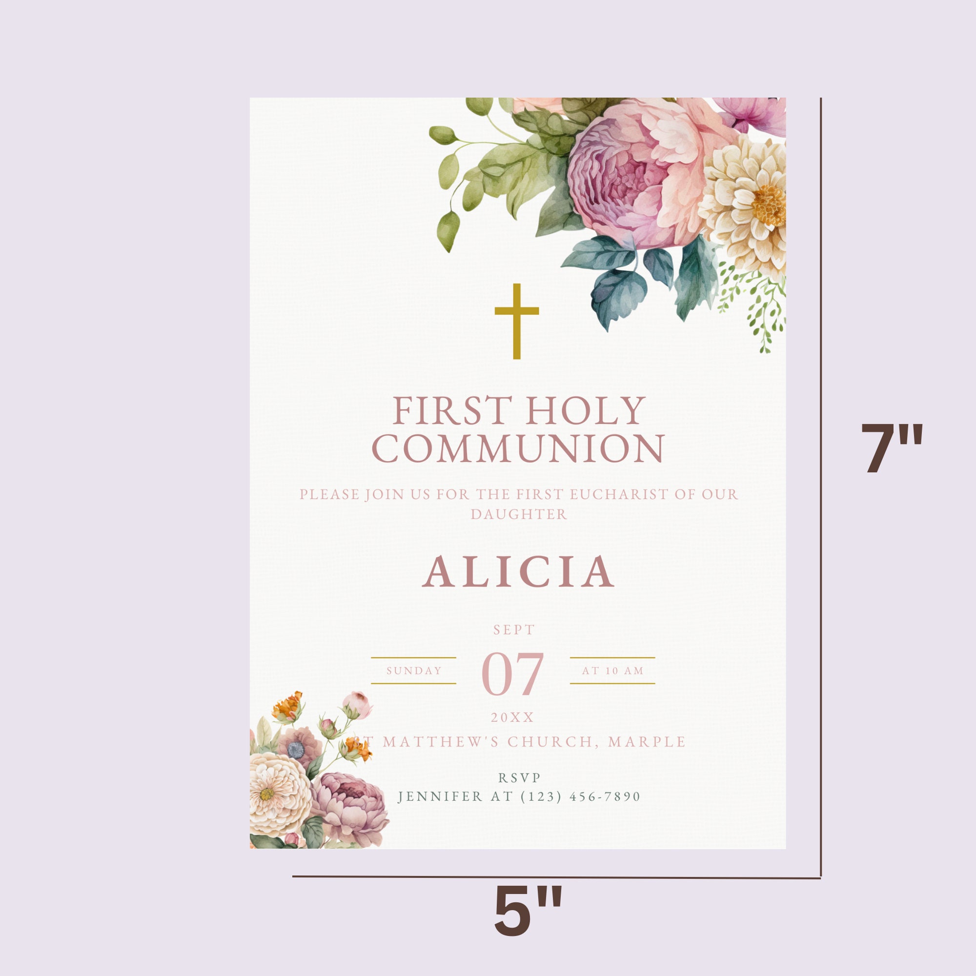 Pink First Holy Communion Invitation Template Pink Watercolor Communion ...