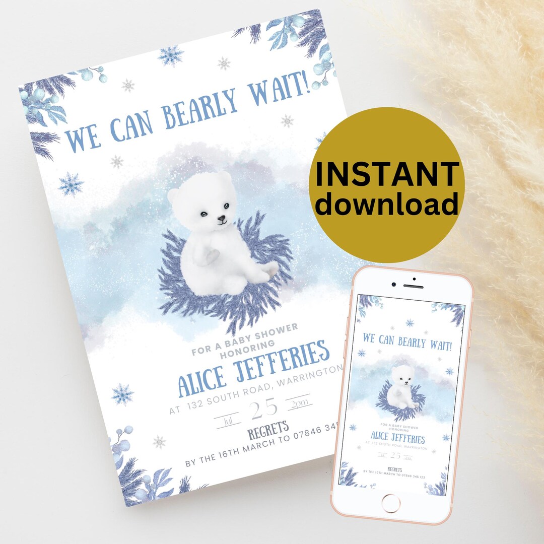 Editable Blue Polar Bear Winter Wonderland Invite We Can Bearly Wait ...
