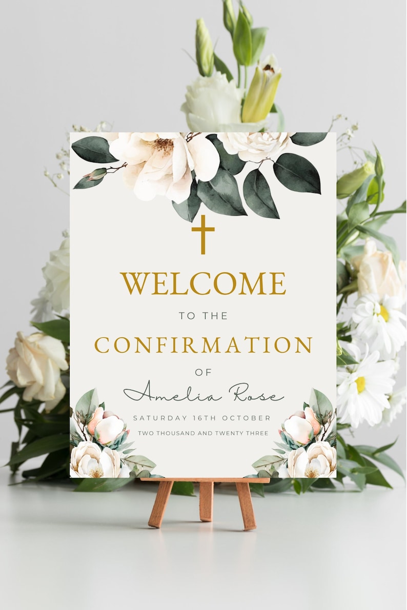 Girls Confirmation Welcome Sign, Floral Sign, Religious Canva Sign ...