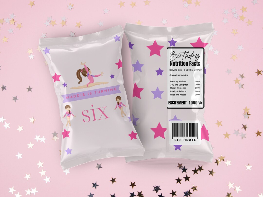 Girl Gymnastics Party Chip Bag, Gymnastics Party Crisp Packet, Custom ...