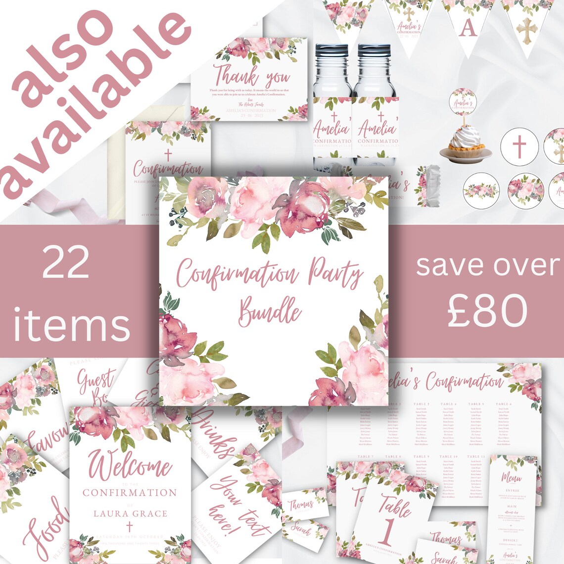 Boho Blush Pink Floral Printable Menu and Place Cards Template Set ...
