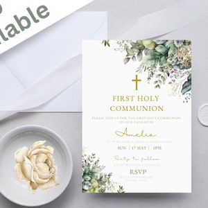 Purple Floral First Communion Invitation Template, Boho Girls 1st Holy ...