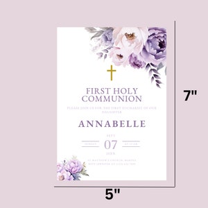 Purple Floral First Communion Invitation Template, Boho Girls 1st Holy ...