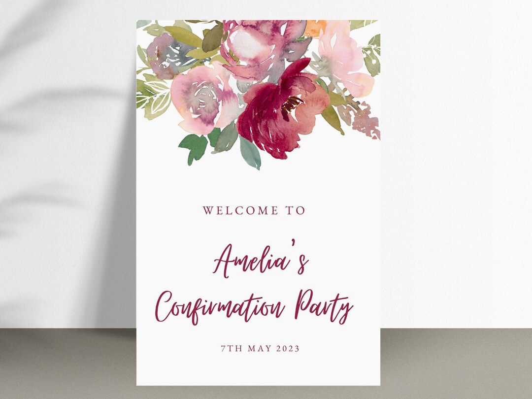 Floral Confirmation Welcome Sign: Pink & Red Watercolor (digital ...
