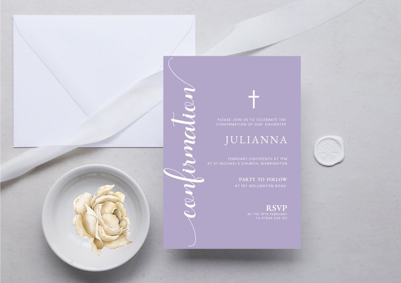 Purple Confirmation Invitation Template, Modern Confirmation Invitation ...