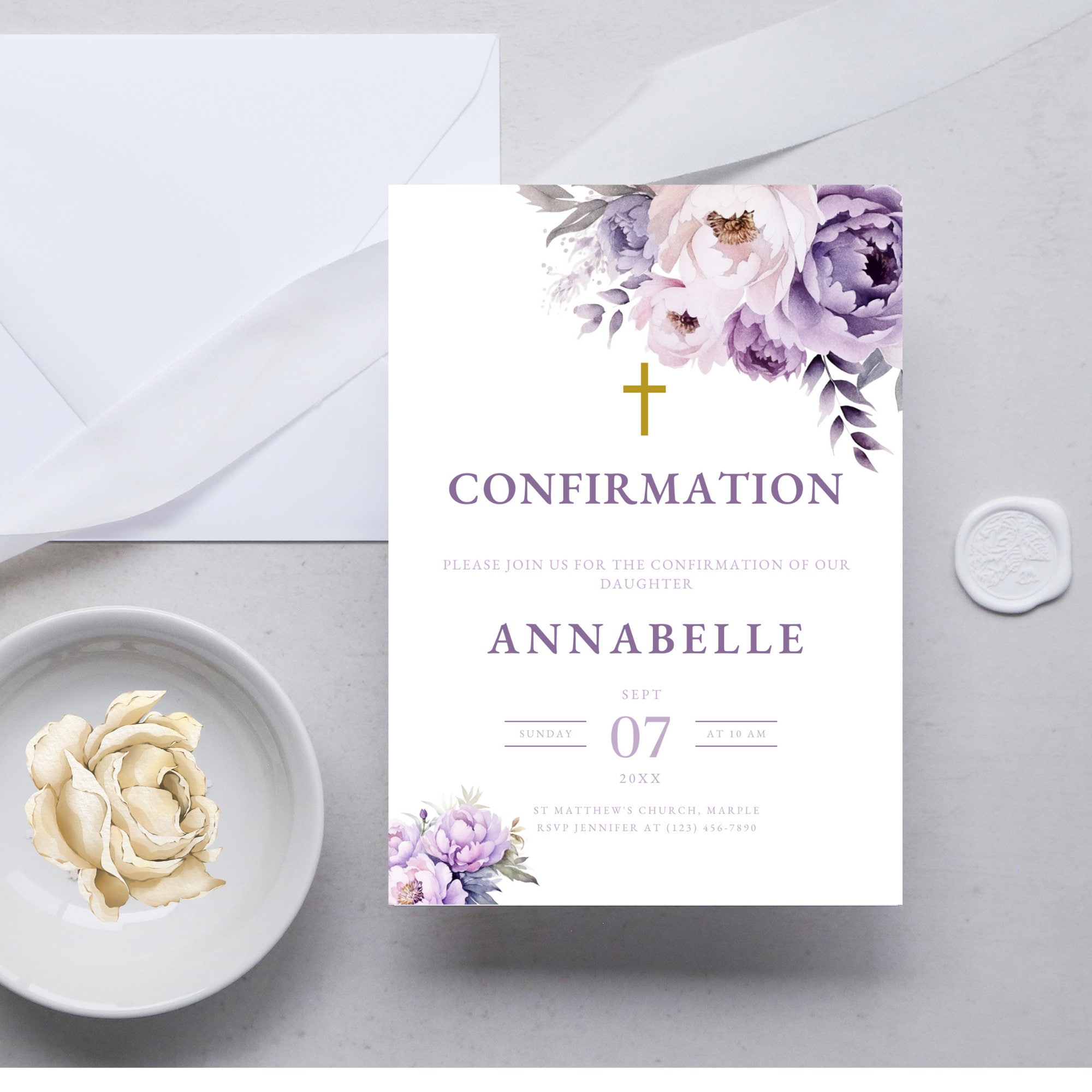 Purple Floral Confirmation Invite Girl Confirmation Invitation Boho Floral Religious Invite ...