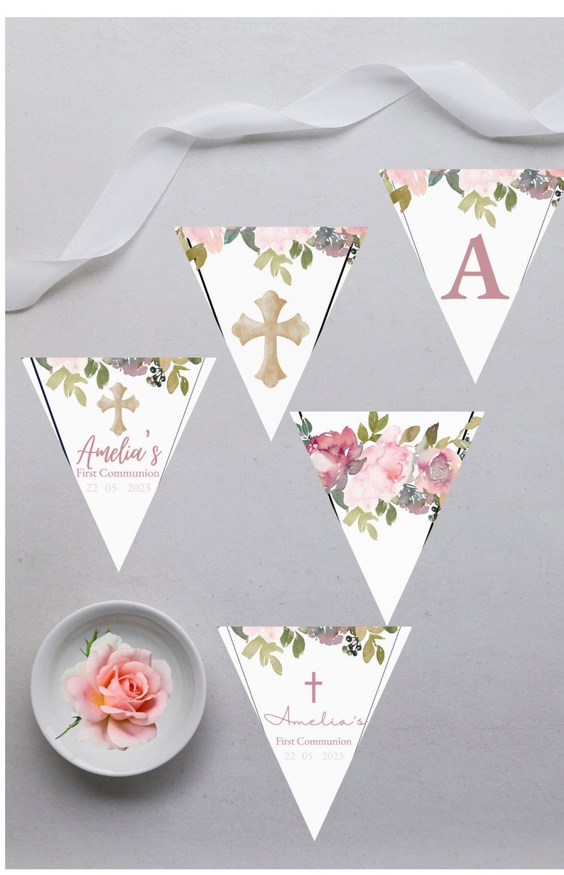Printable Pink Floral First Communion Bunting 5"x7" Printable Template ...